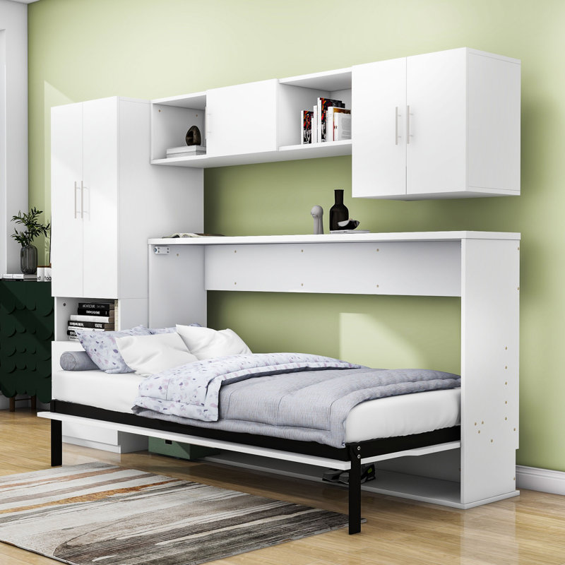 Aspelare Wood Murphy Bed with Desk Wardrobe and Drawers